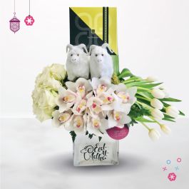 Eid Blessings - White Flowers with Patchi Chocolates in Vase