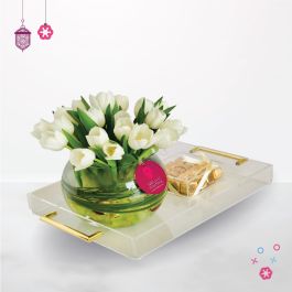 Tulips & Patchi - Acrylic Tray Arrangement